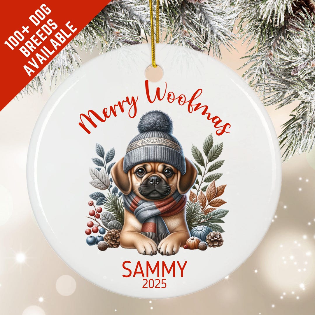 Personalized Puggle Ornament, Dog Christmas Ornament, Custom Dog Name ...