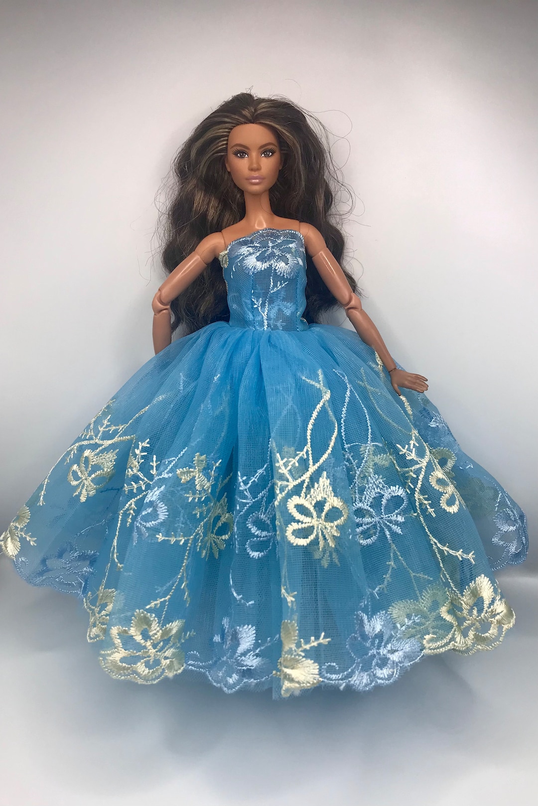 Beautiful Blue Dolls Floral Dress. Dolls Prom Dress Dolls Ballgown ...
