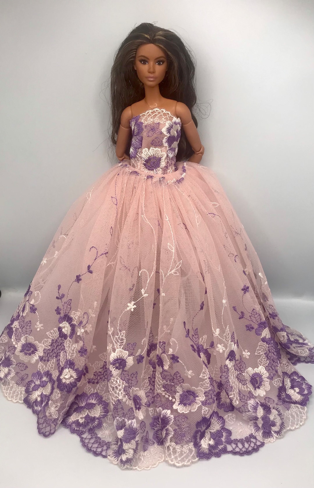 Beautiful Dolls Pink and Purple Floral Dress. Dolls Prom Dress Dolls ...
