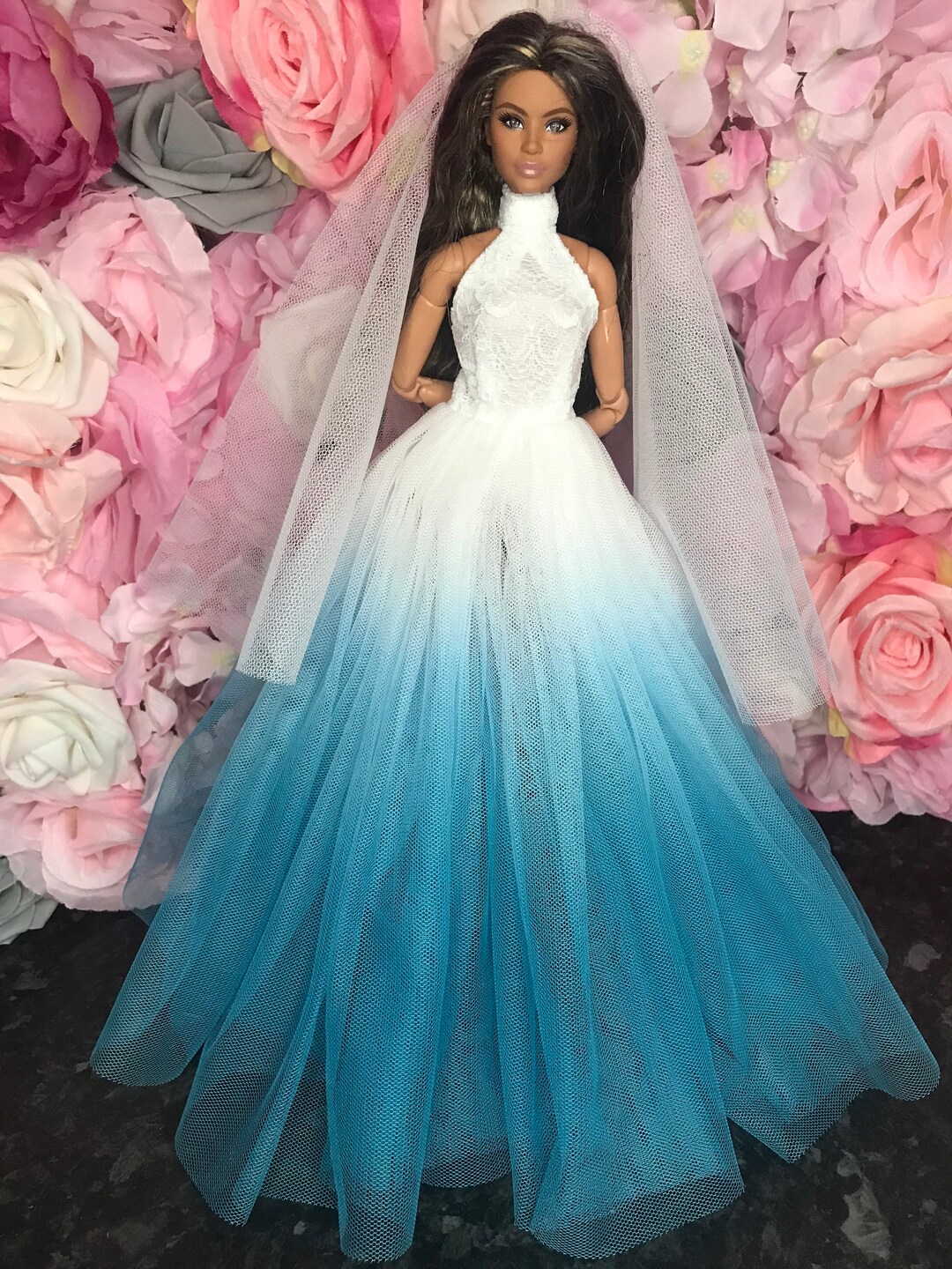 Ombré Blue Halter Neckhigh Neck Dolls Prom Dress. 12inch Doll Dress ...