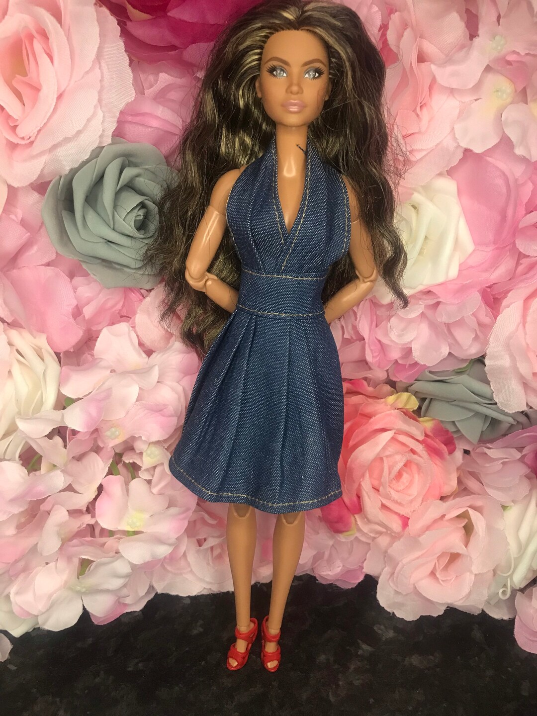 Jean Dress Deep V Halter Neck Dolls Dress. Dolls Party Dress for Dolls ...