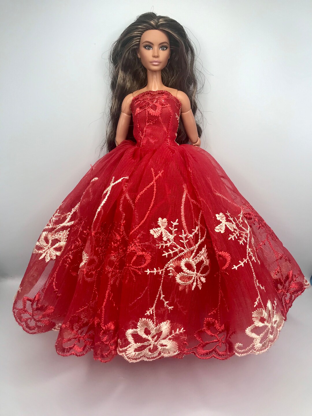 Beautiful Red Dolls Floral Dress. Dolls Prom Dress Dolls Ballgown Dolls ...