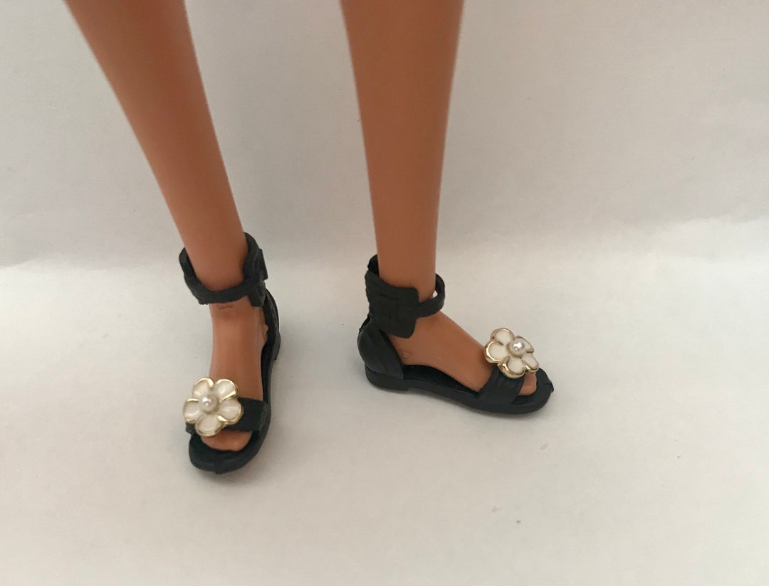 Dolls Sandals Shoes 1 Pair of Shoes Footwear for Doll. Dolls Black Sandals Shoes With a Camellia ...