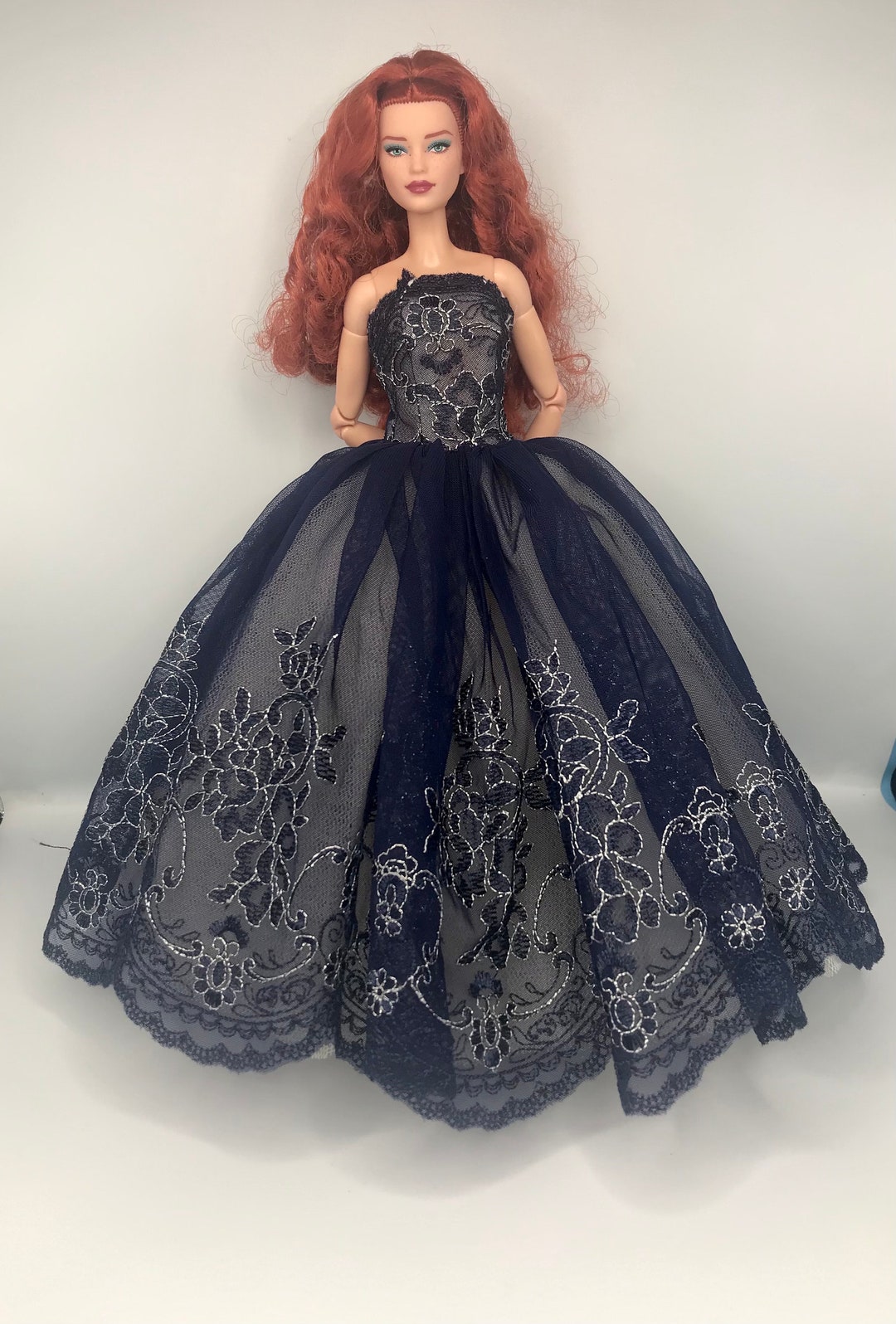 Navy Blue Beautiful Dolls White Floral Design Dress. Dolls Prom Dress ...