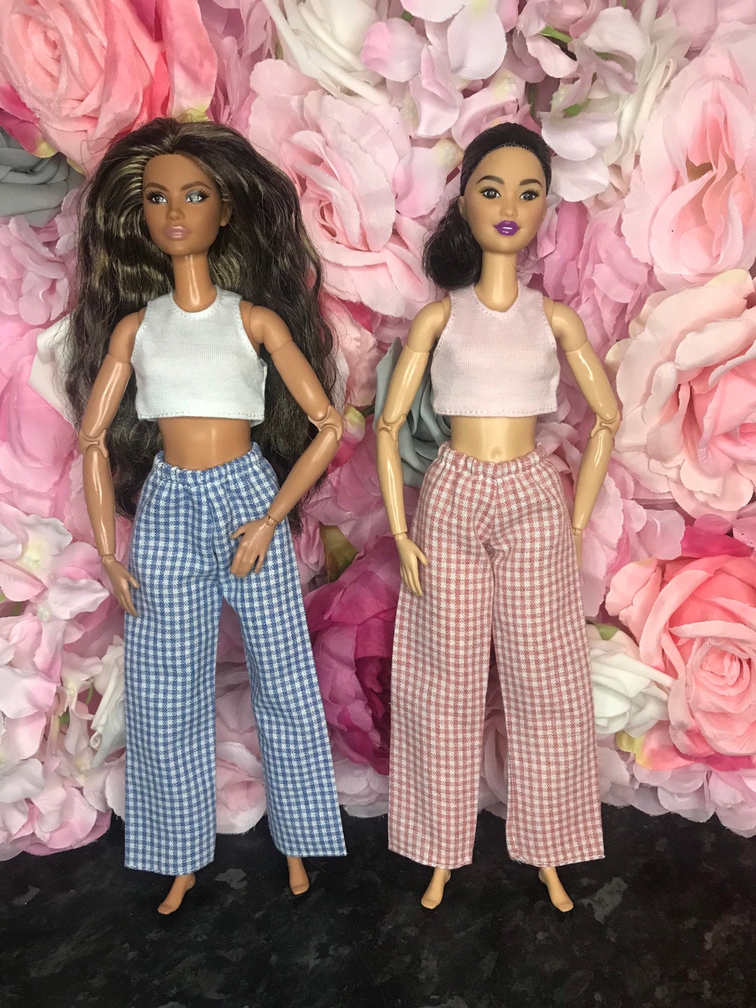 2x Dolls Pyjamas Dolls Pink Tank Top and Checked Pink Pj Bottoms. White ...
