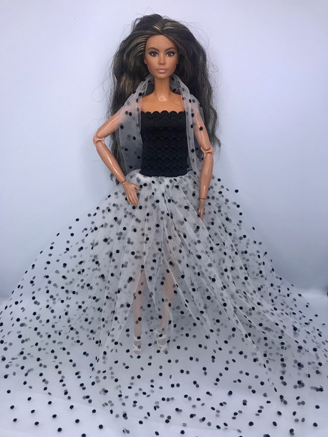 White With Black Poker Dot. Dolls Stretchy off the Shoulders Full ...