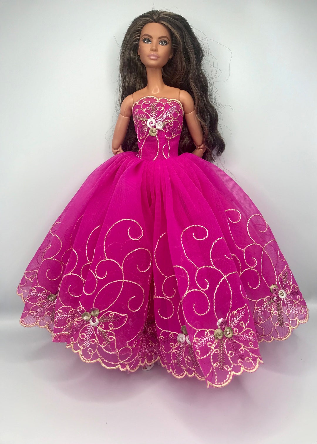 Beautiful Pink Dolls Floral Dress. Dolls Prom Dress Dolls Ballgown ...