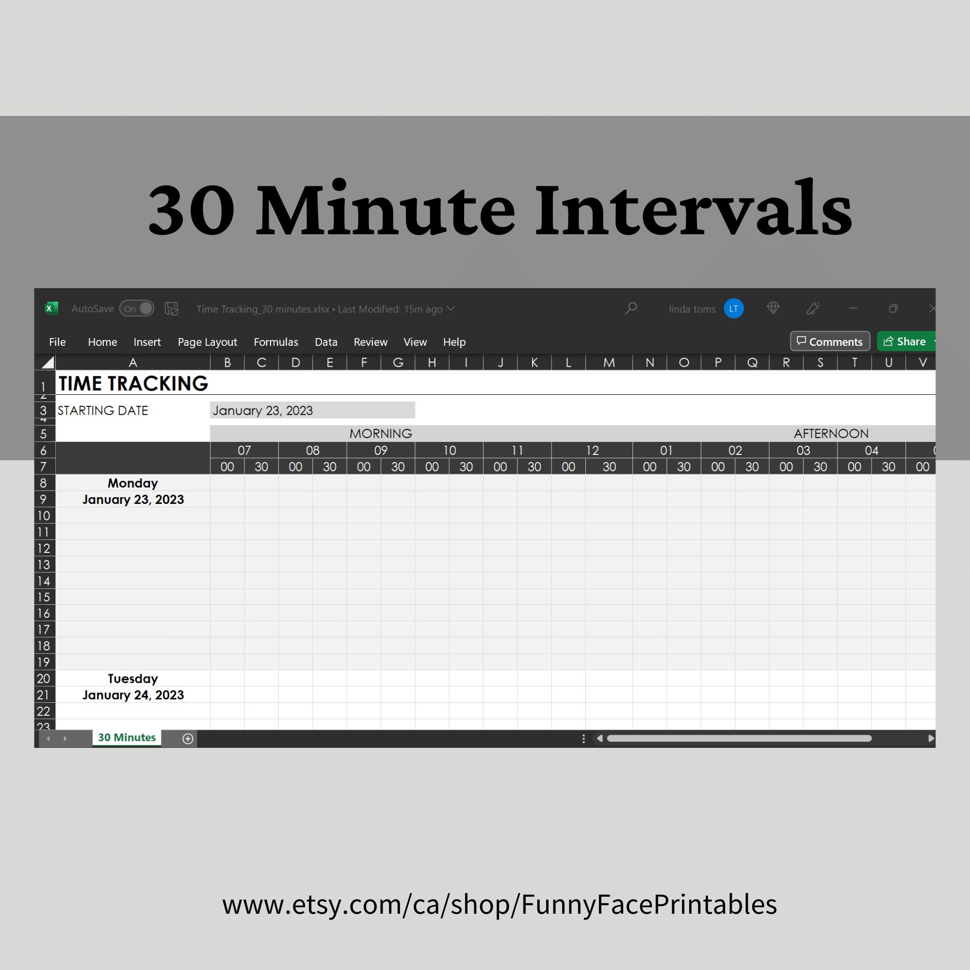 Time Tracker Spreadsheet, Excel Time Tracker, 15 Minutes Interval, 30 ...