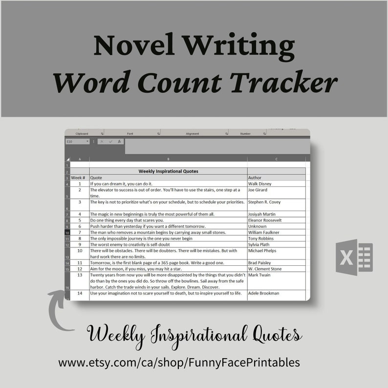 Excel Word Count Worksheet, Yearly Word Tracker for Writers, Novel ...