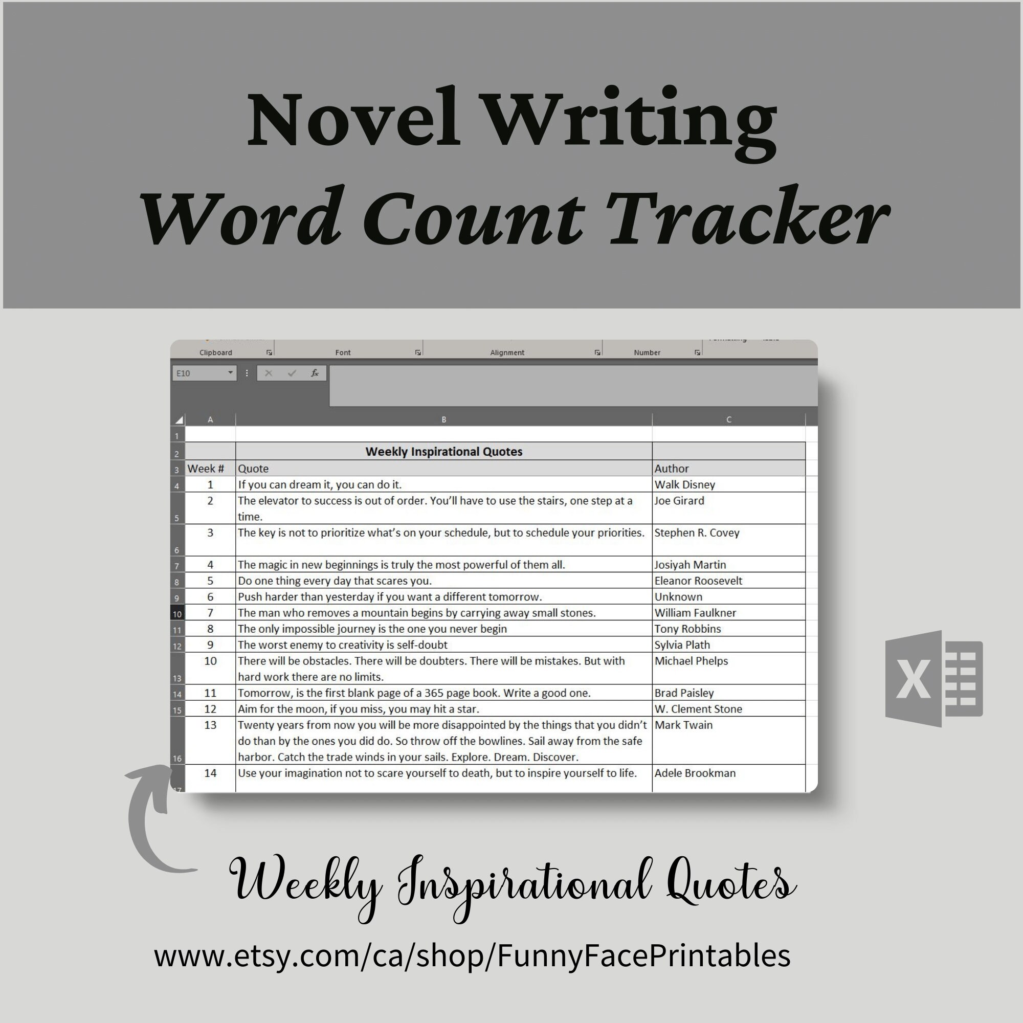 Excel Word Count Worksheet, Yearly Word Tracker for Writers, Novel ...