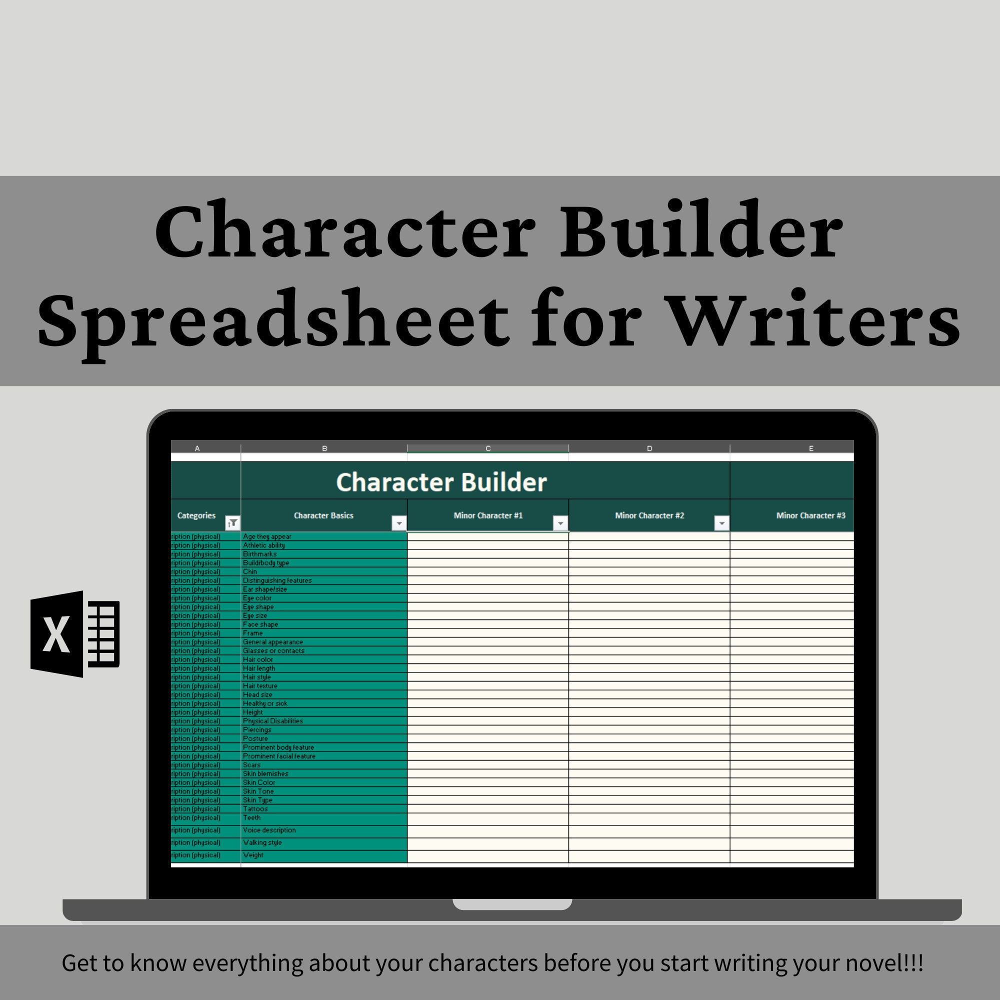 Character Builder Spreadsheet for Writers, Character Profile Template ...