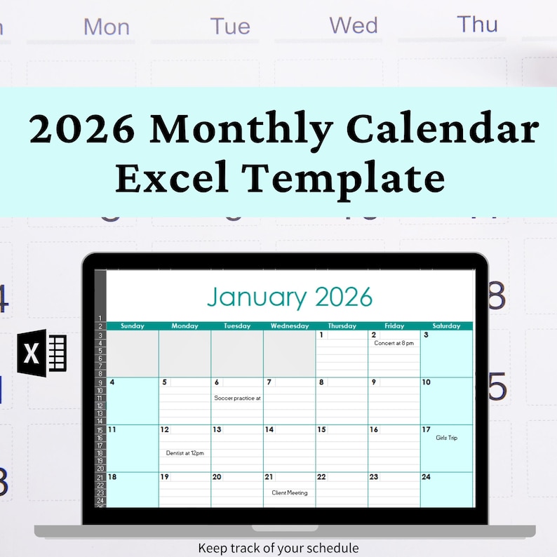 2026 Monthly Calendar Excel Template: Editable Planner (digital ...