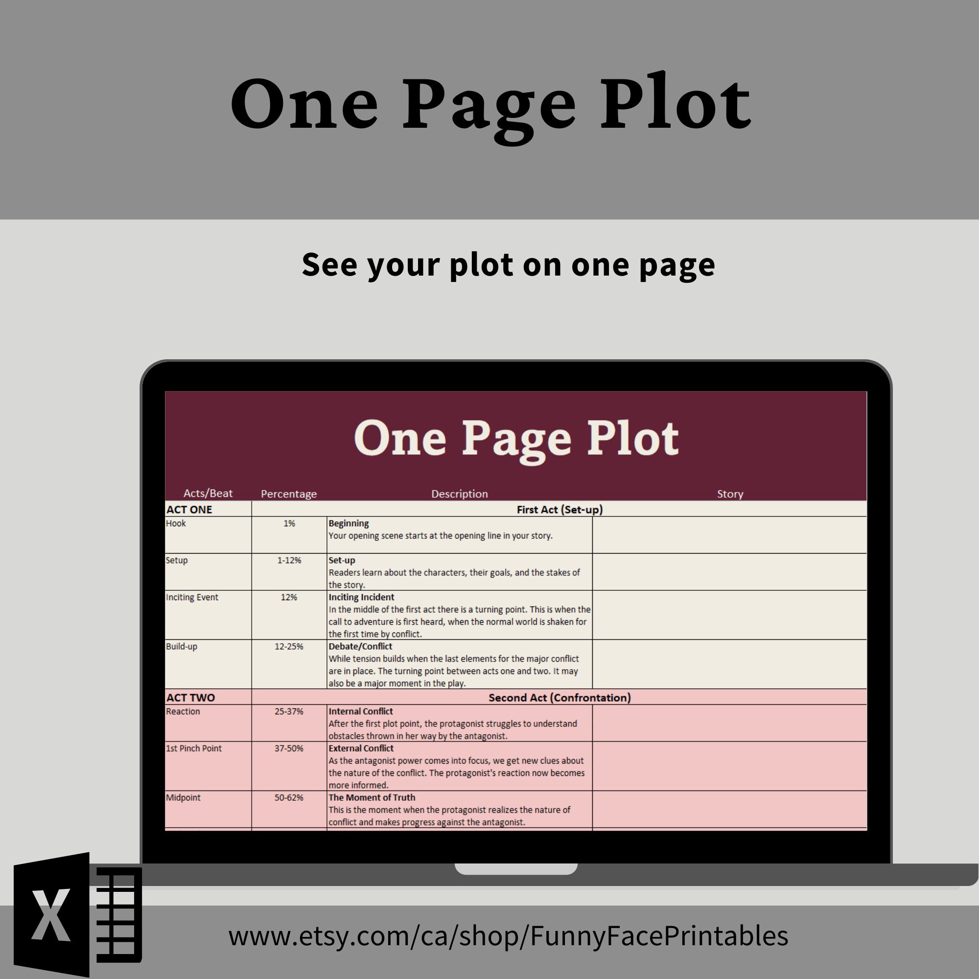 Plot Outline Excel Spreadsheet for Fiction Writers: Author Planner ...