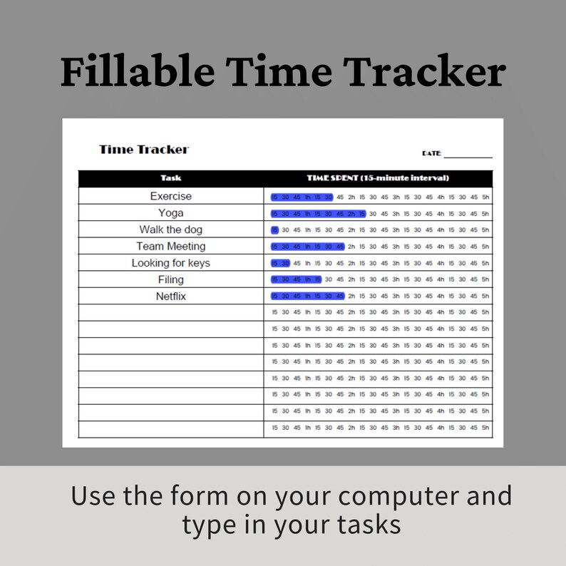 Printable Time Tracker, Time Tracker Printable, 15 Minutes Interval, 30 ...