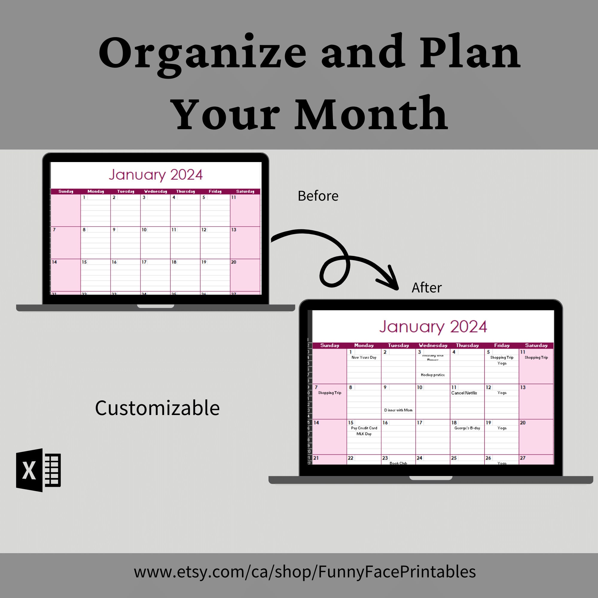 2024 Monthly Calendar Template Excel Monthly Calendar Template Editable ...