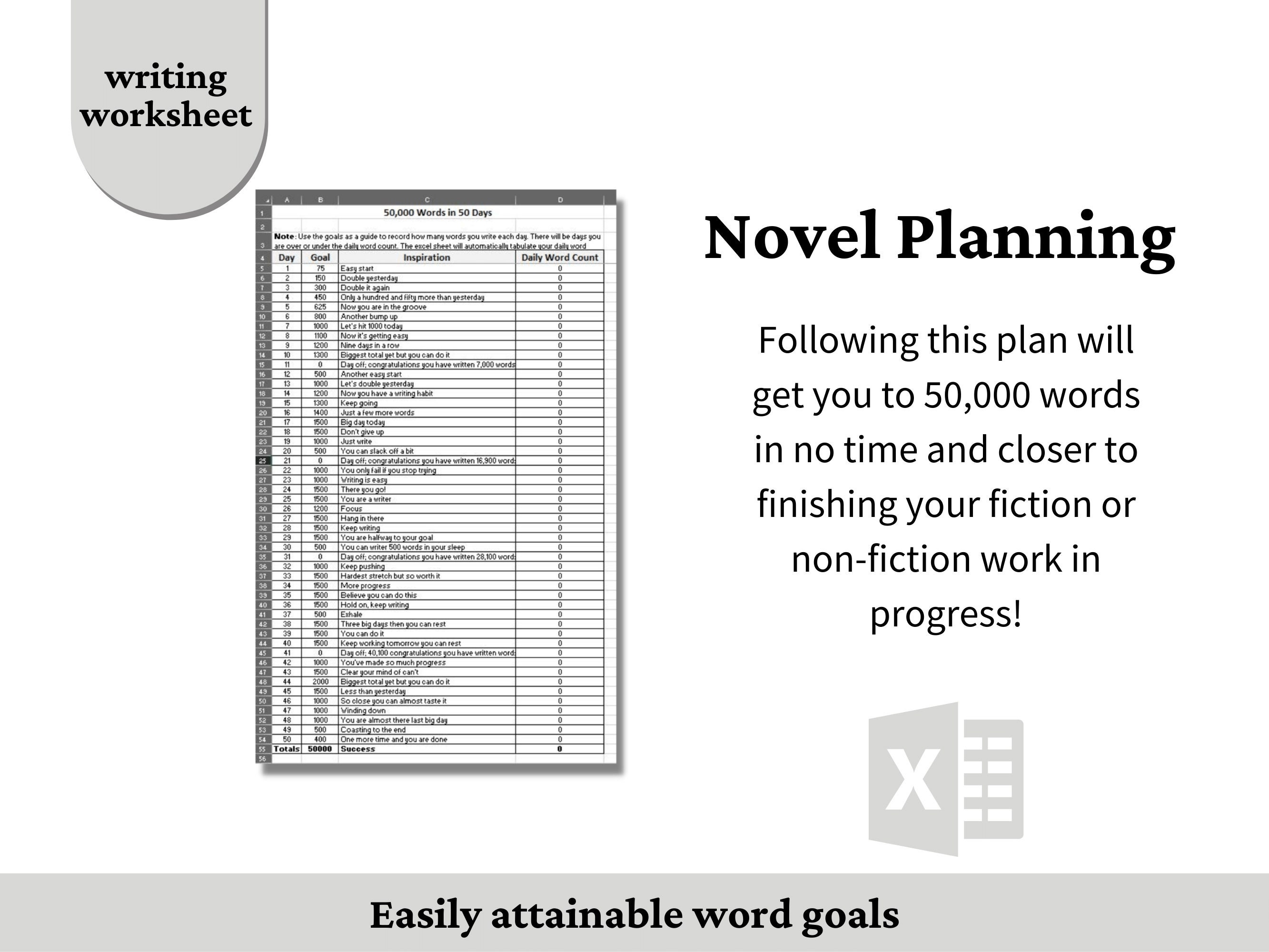 Word Count Tracking Spreadsheet for Writers Novel Writing - Etsy