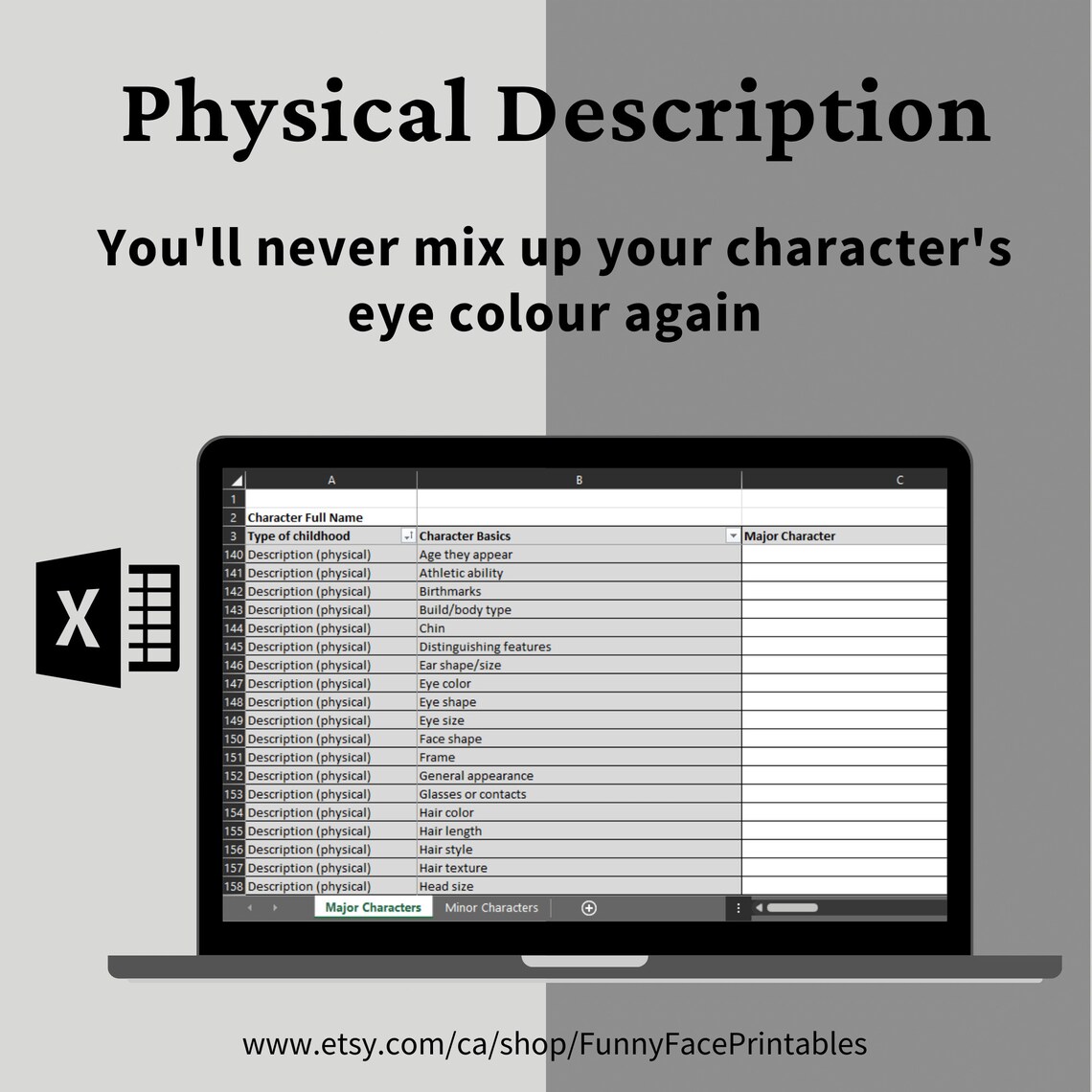 Character Builder Spreadsheet for Writers, Character Profile Template ...