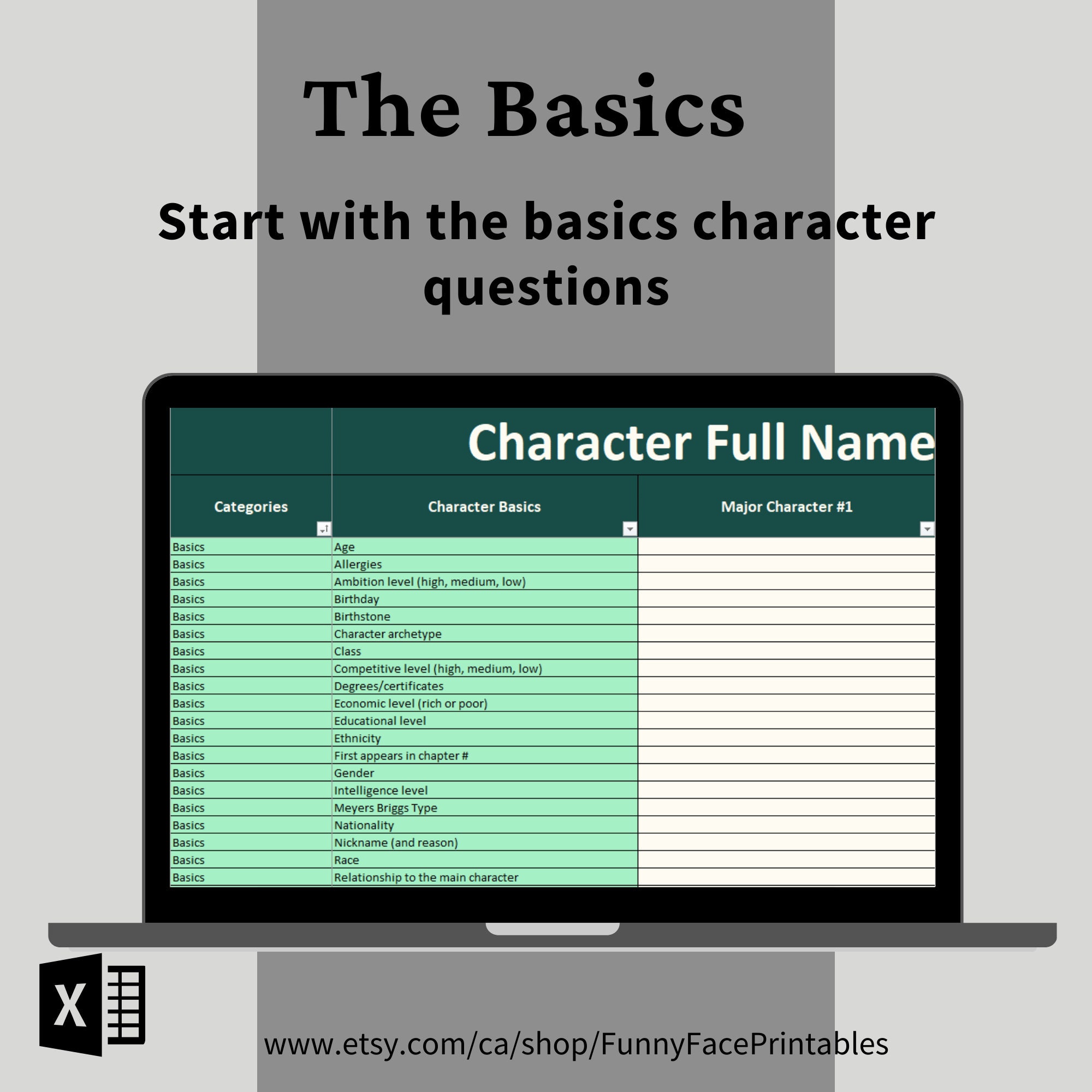 Character Builder Spreadsheet for Writers: Character Development ...