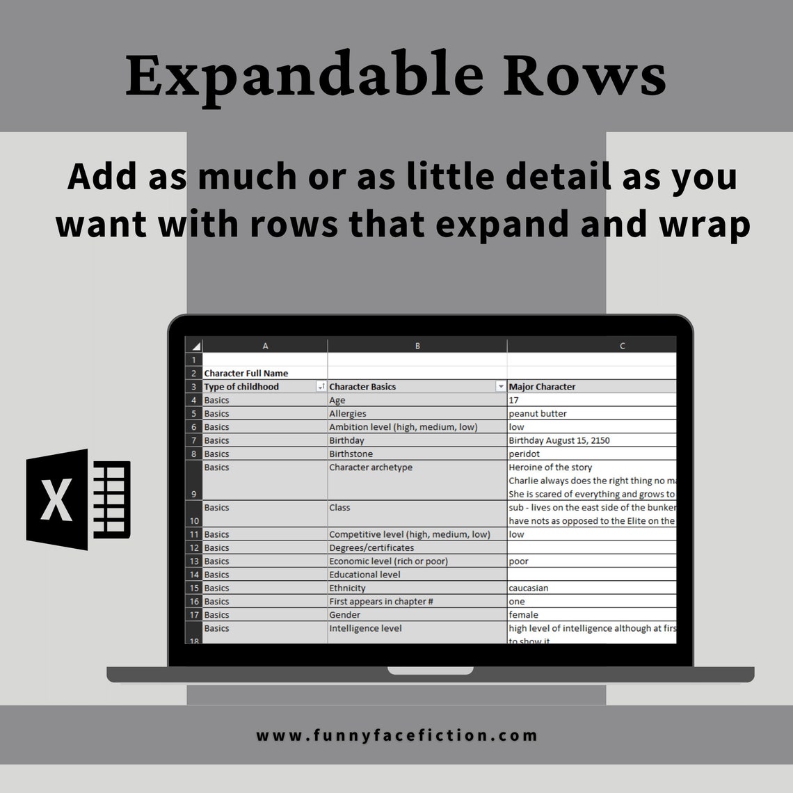 Character Builder Spreadsheet for Writers, Character Profile Template ...