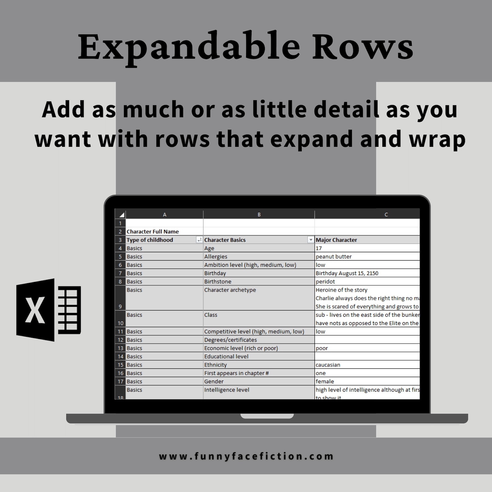 Character Builder Spreadsheet for Writers, Character Profile Template ...