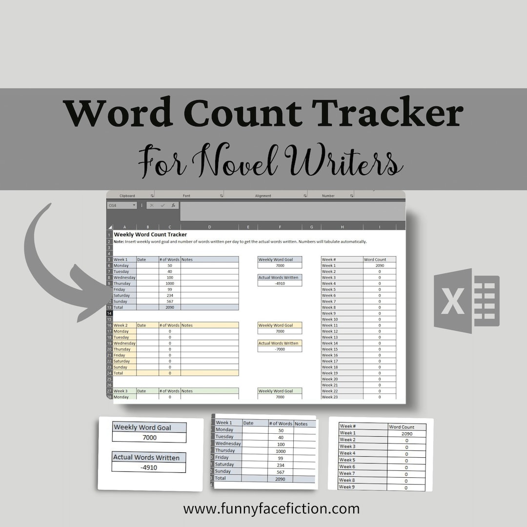 Excel Word Count Worksheet, Yearly Word Tracker for Writers, Novel ...