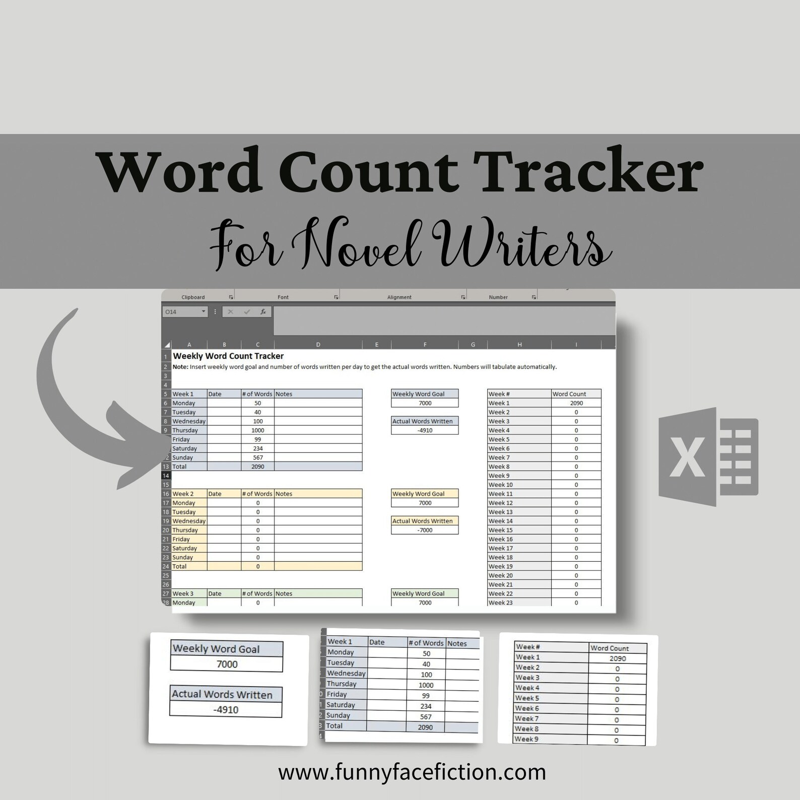 Excel Word Count Worksheet, Yearly Word Tracker for Writers, Novel ...