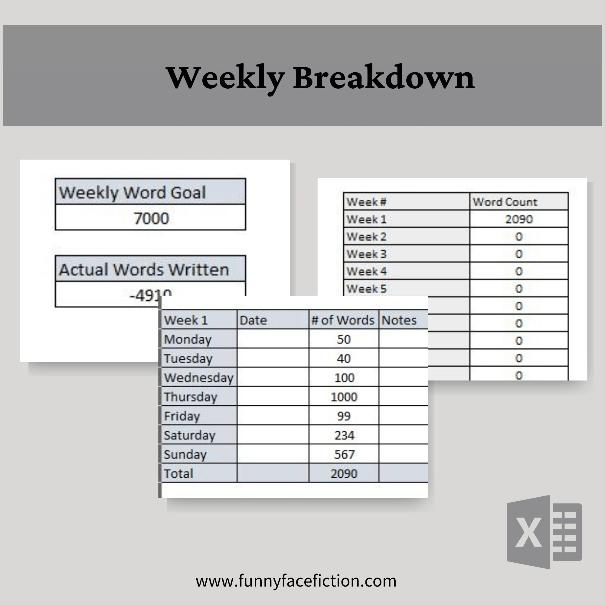 Excel Word Count Worksheet, Yearly Word Tracker for Writers, Novel ...