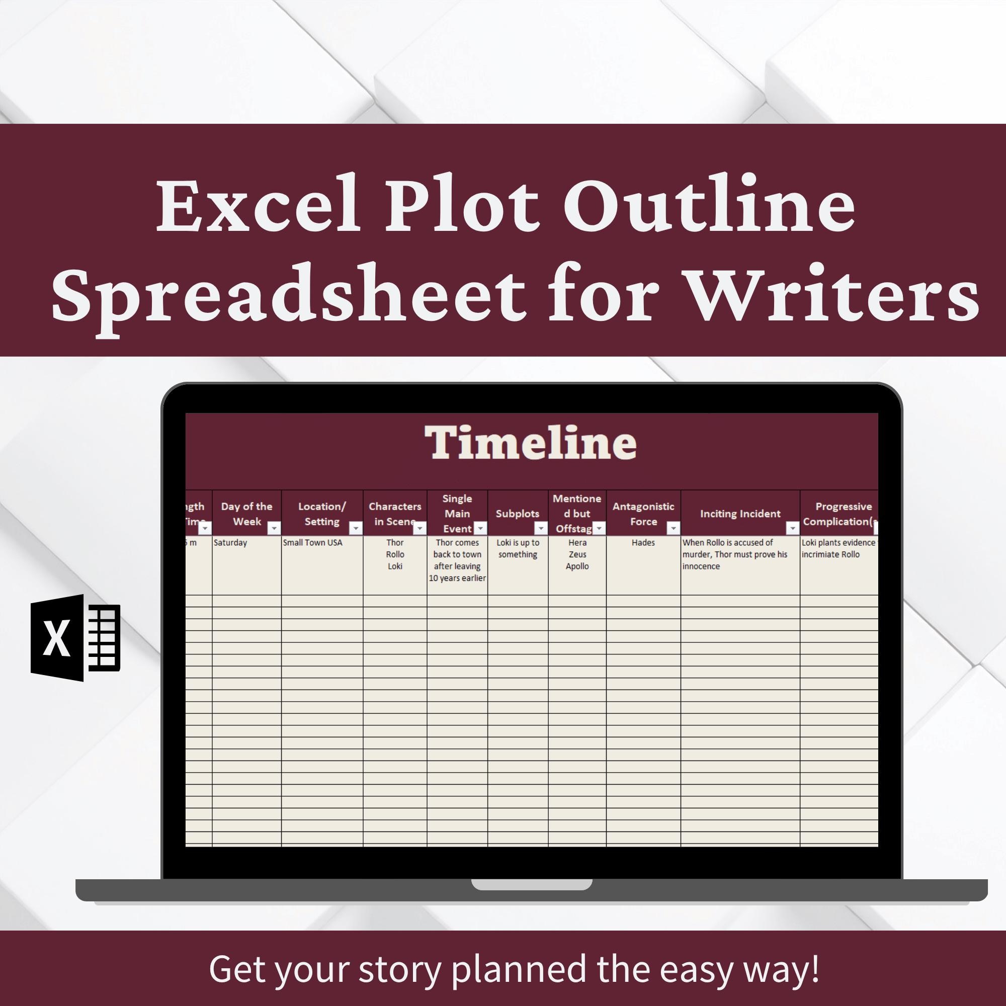 Plot Outline Excel Spreadsheet for Fiction Writers: Author Planner ...
