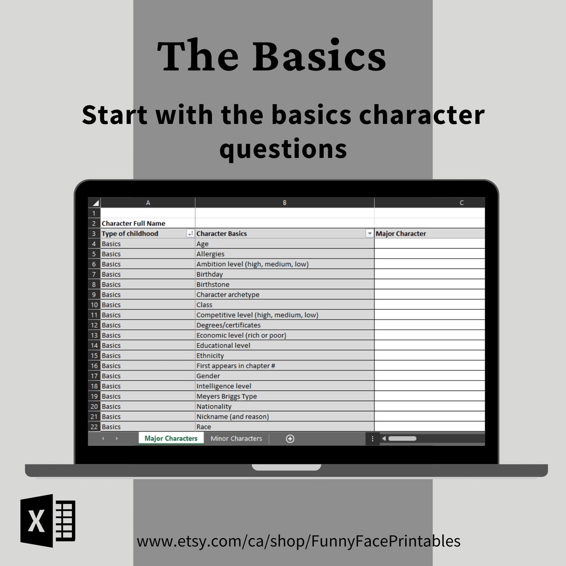 Character Builder Spreadsheet for Writers, Character Profile Template ...