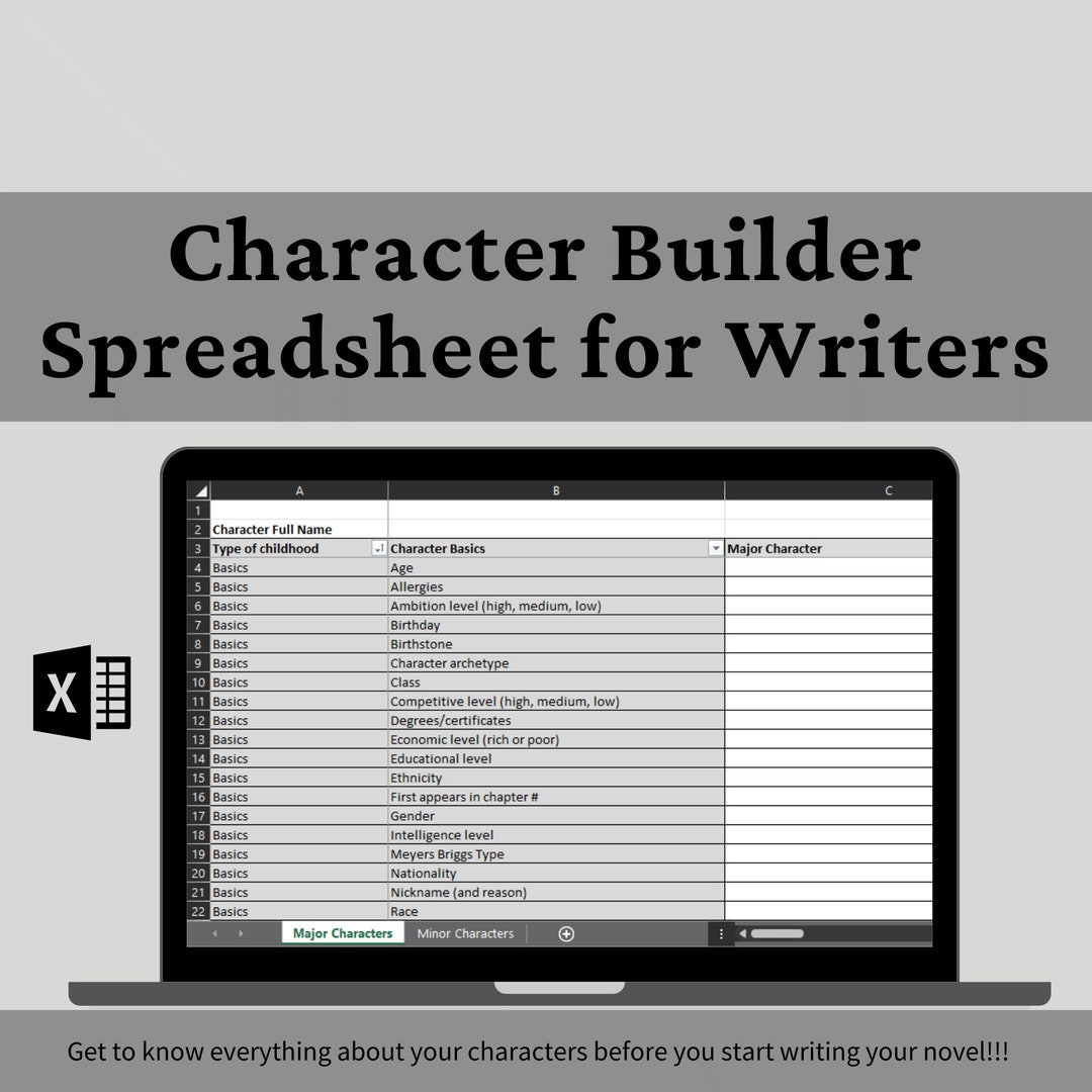 Character Builder Spreadsheet for Writers, Character Profile Template, Character Development ...