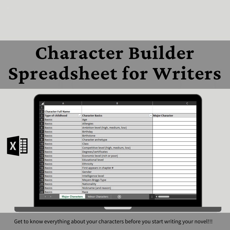 Character Builder Spreadsheet for Writers, Character Profile Template ...