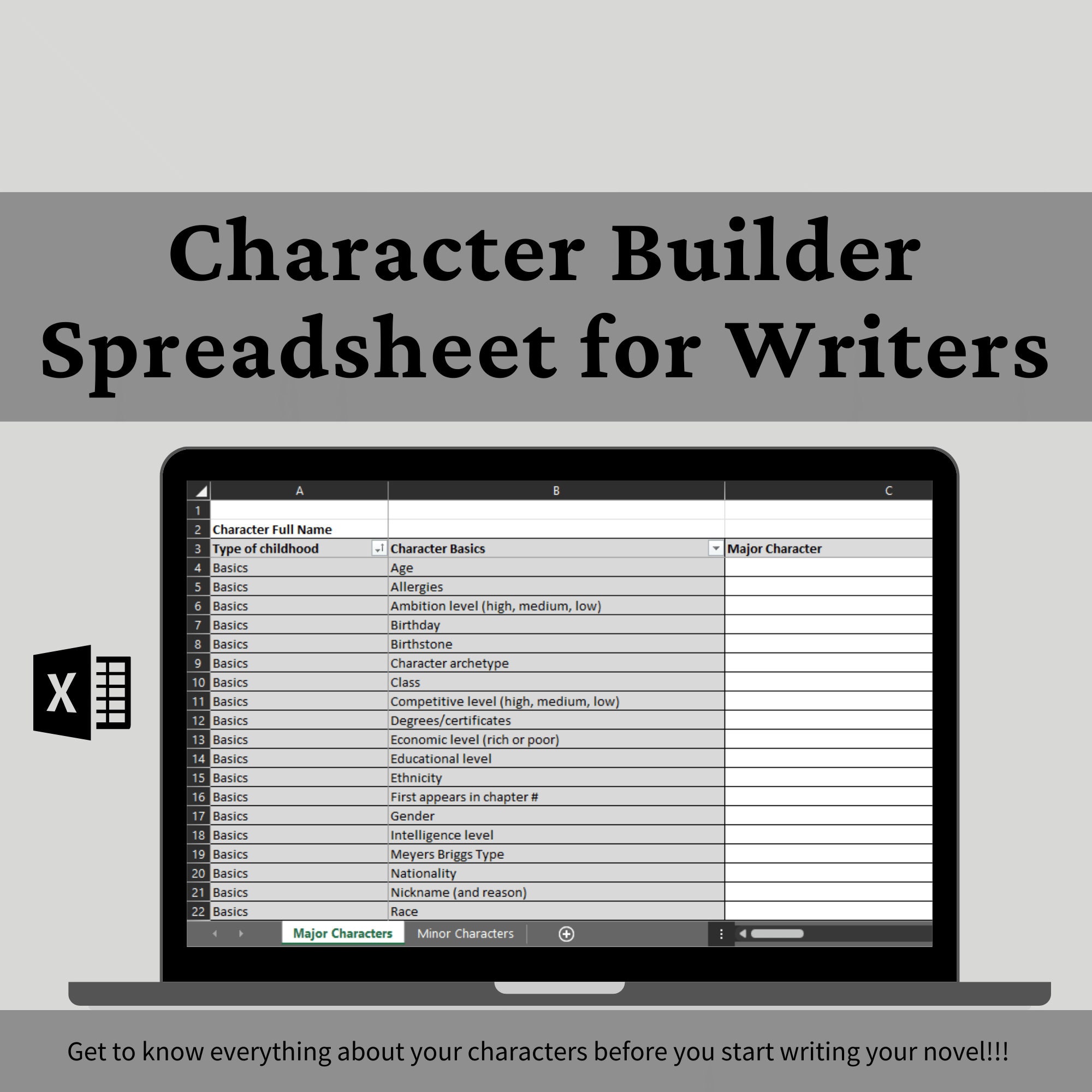 Character Builder Spreadsheet for Writers, Character Profile Template ...