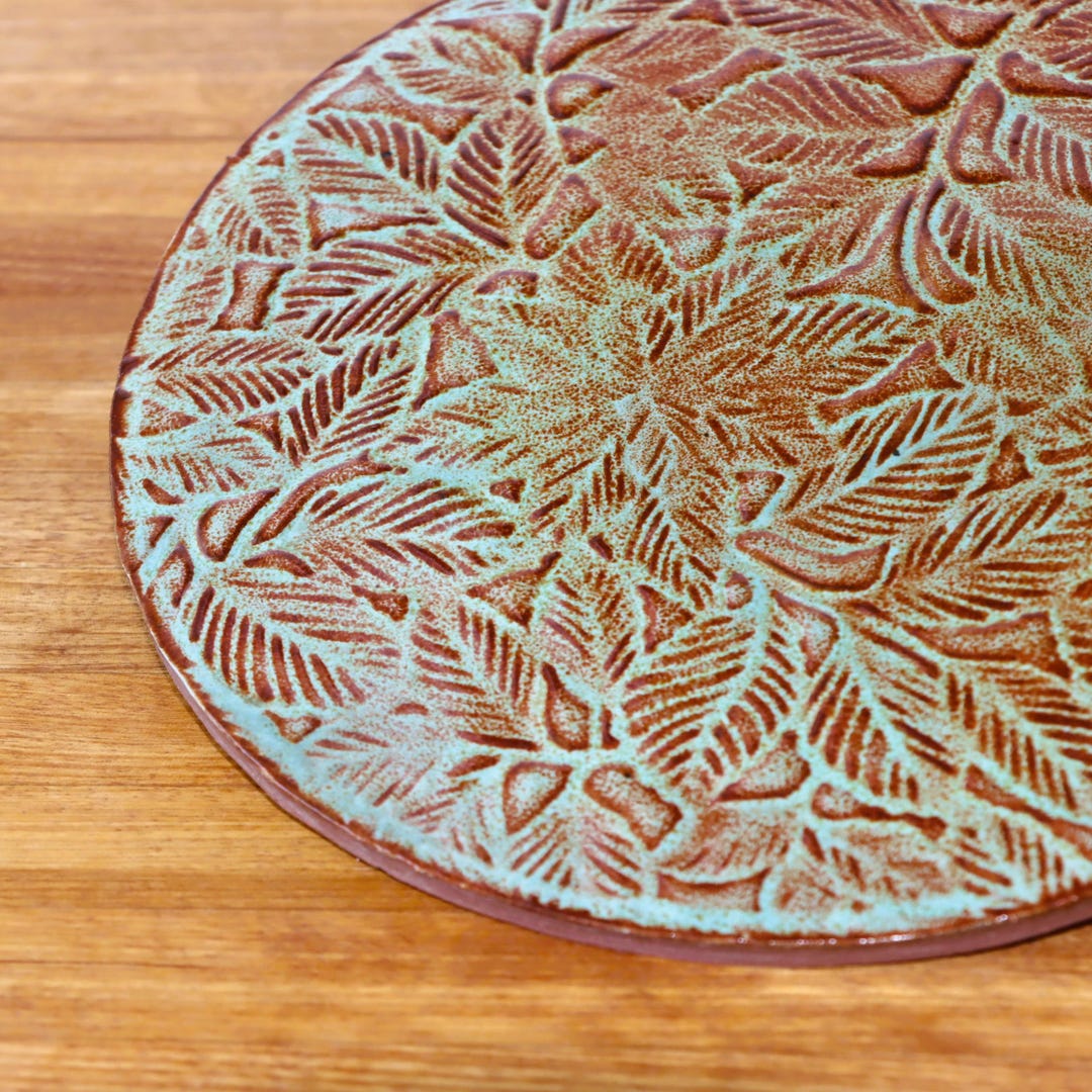 Handcrafted Ceramic Leaf Trivet: Turquoise & Copper Stoneware Plate - Etsy