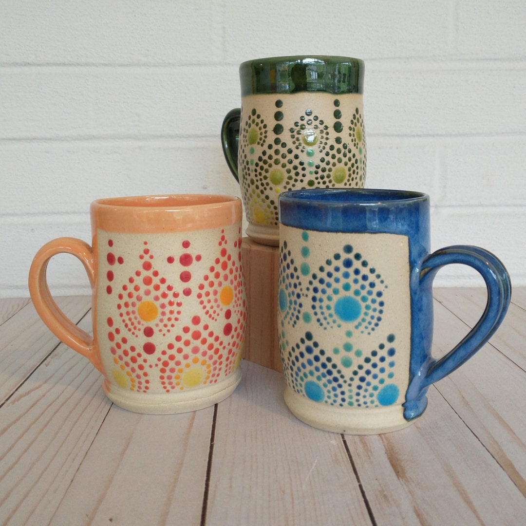 Hand Painted Stoneware Mug With Whimsical Dotted Petals Unique Ceramic ...