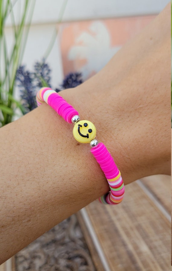 Emoji Bracelet and Ring Smiley Happy Face Stretchy Heishi Pink | Etsy