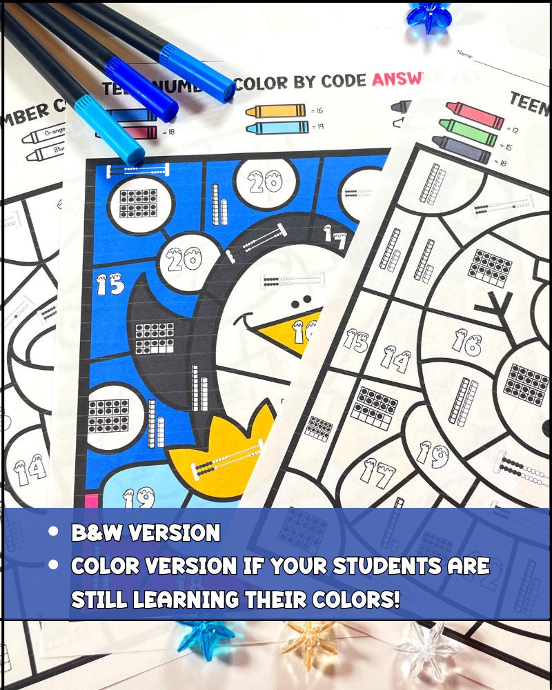 Winter Color by Number - Counting to 20 Teen Numbers and Subitizing ...