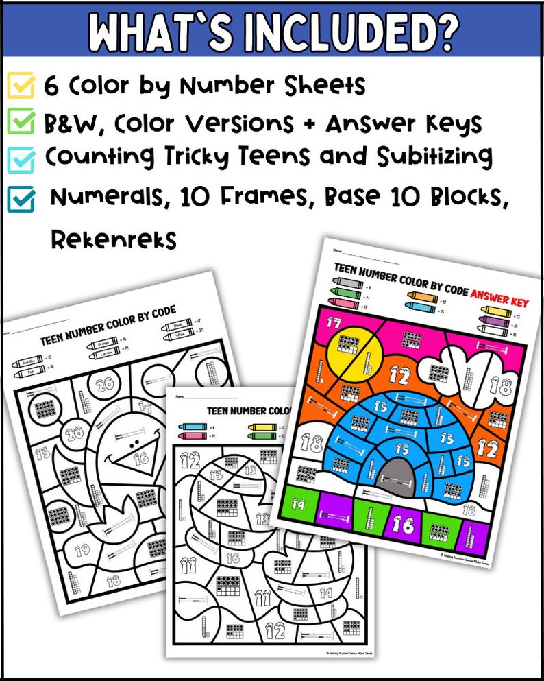 Winter Color by Number - Counting to 20 Teen Numbers and Subitizing ...