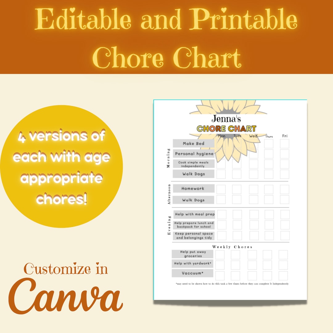 Yellow Chore Chart Printable and Editable Chore Chart 4 - Etsy