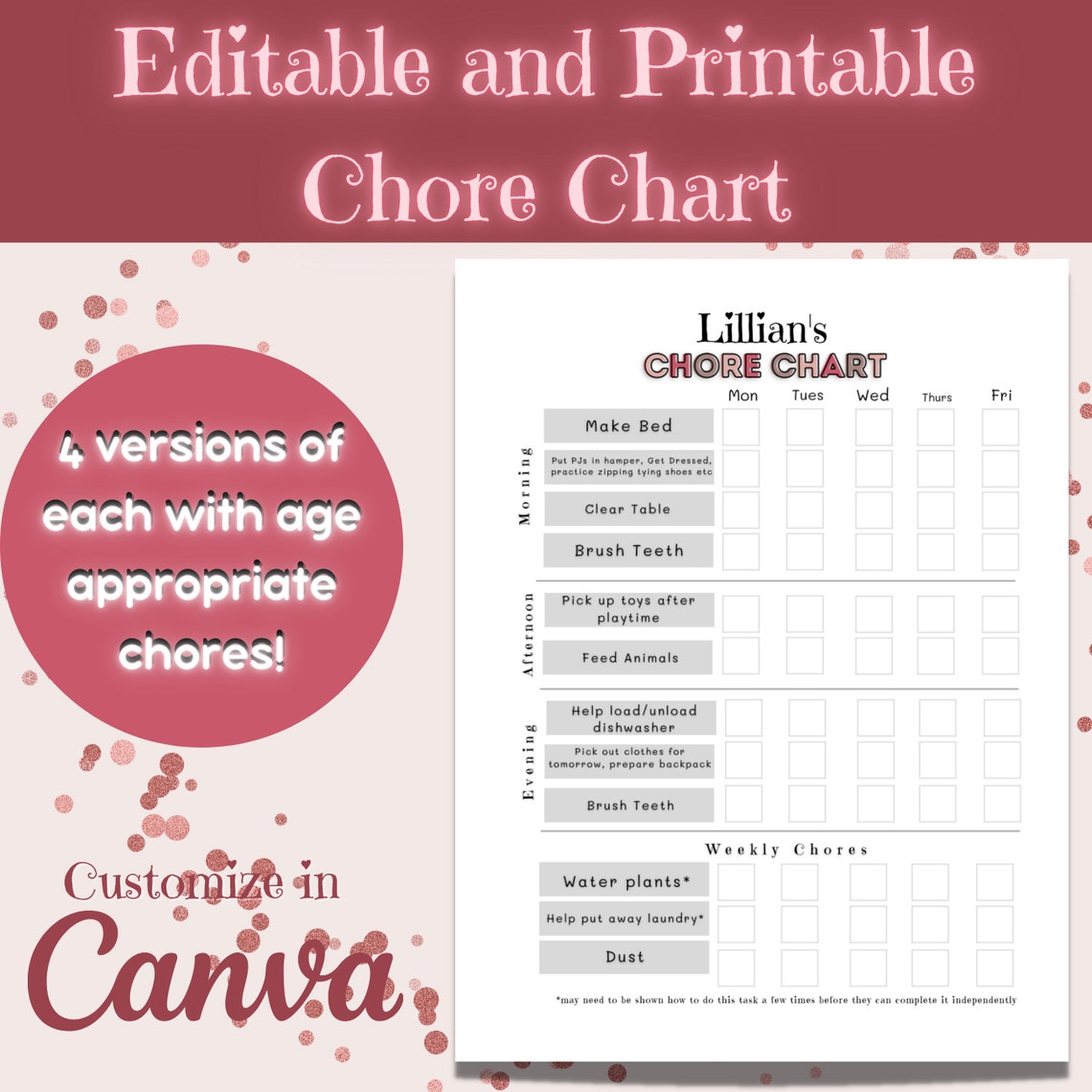 Pink Chore Chart Printable and Customizable Editable Chore - Etsy