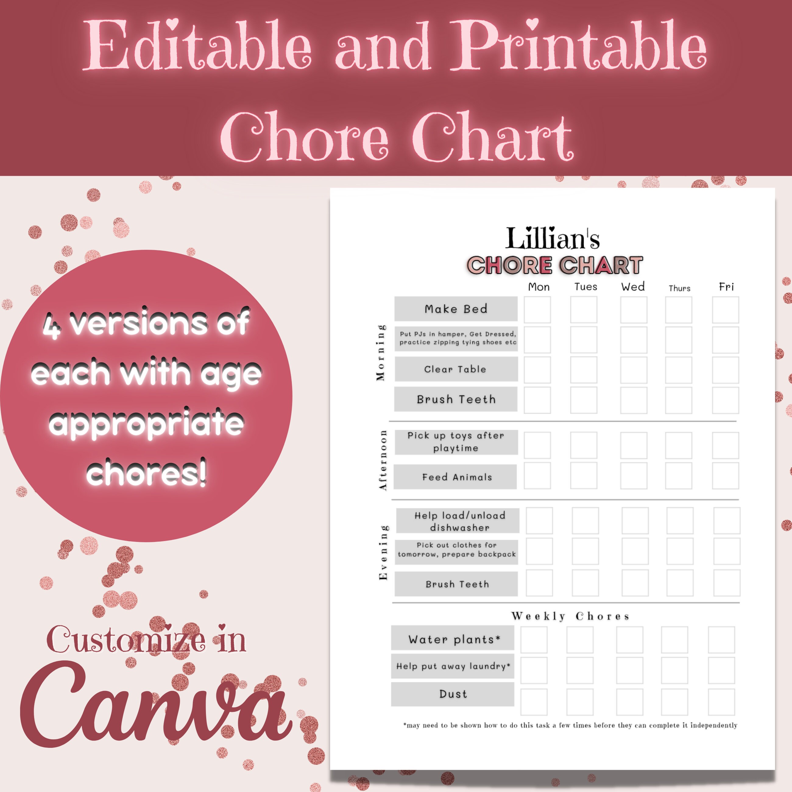 Pink Chore Chart | Printable and Customizable | Editable Chore Chart ...