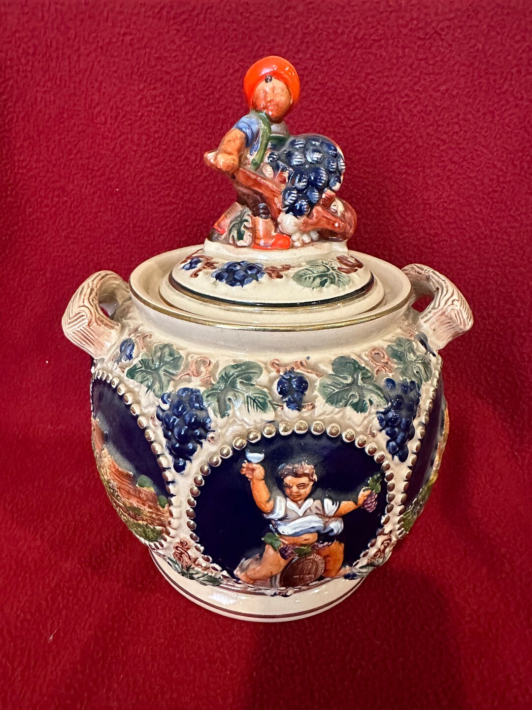 Vintage Gerz German Raised Stoneware Jar With Lid Grapes & Historical ...