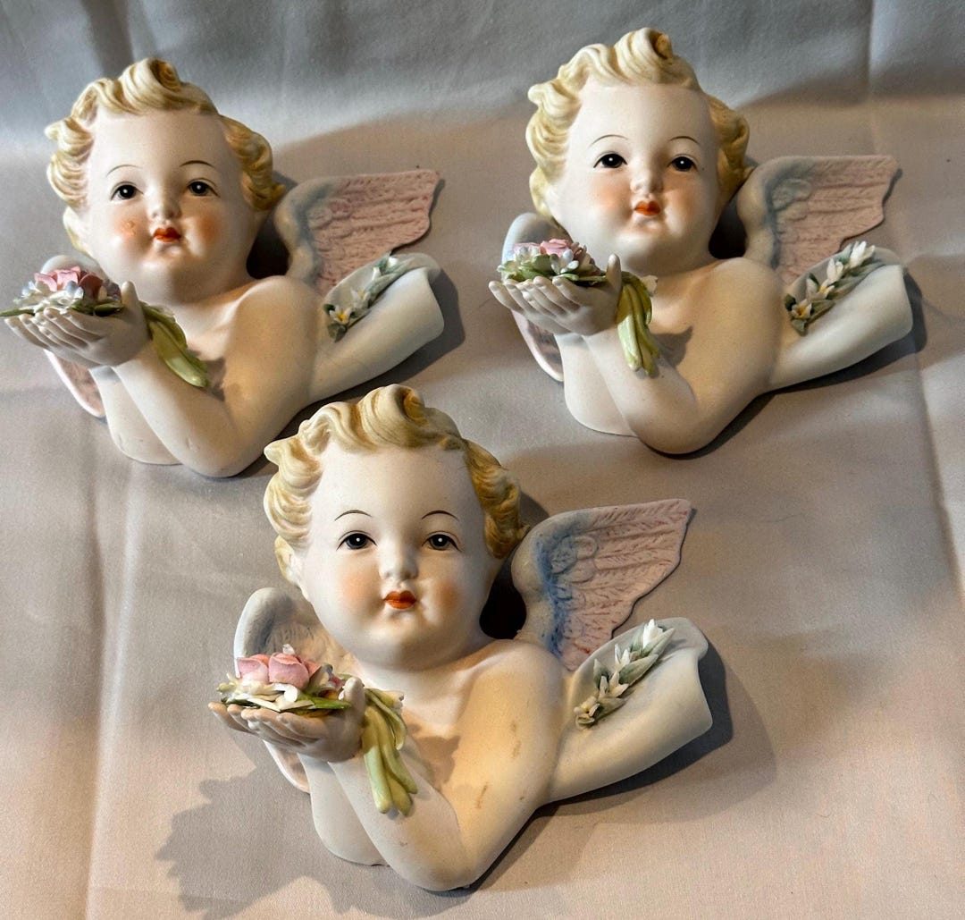 Lot of 3 Lefton Blonde Hair Blue Eyes Cherub Angel Wall Mount KW6417 ...