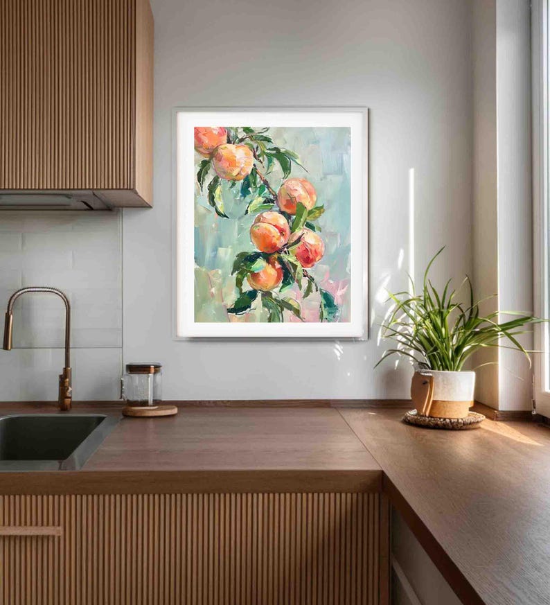 Peaches Art Print - Fruit Wall Decor Peach on Branch Prints for Kitchen ...