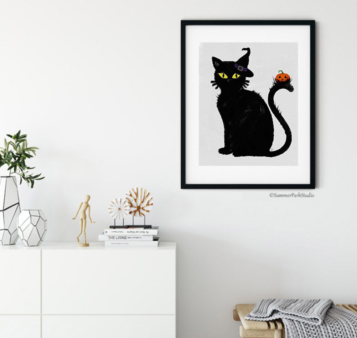 Halloween Black Cat Art Print Halloween Cat in Witch Hat - Etsy