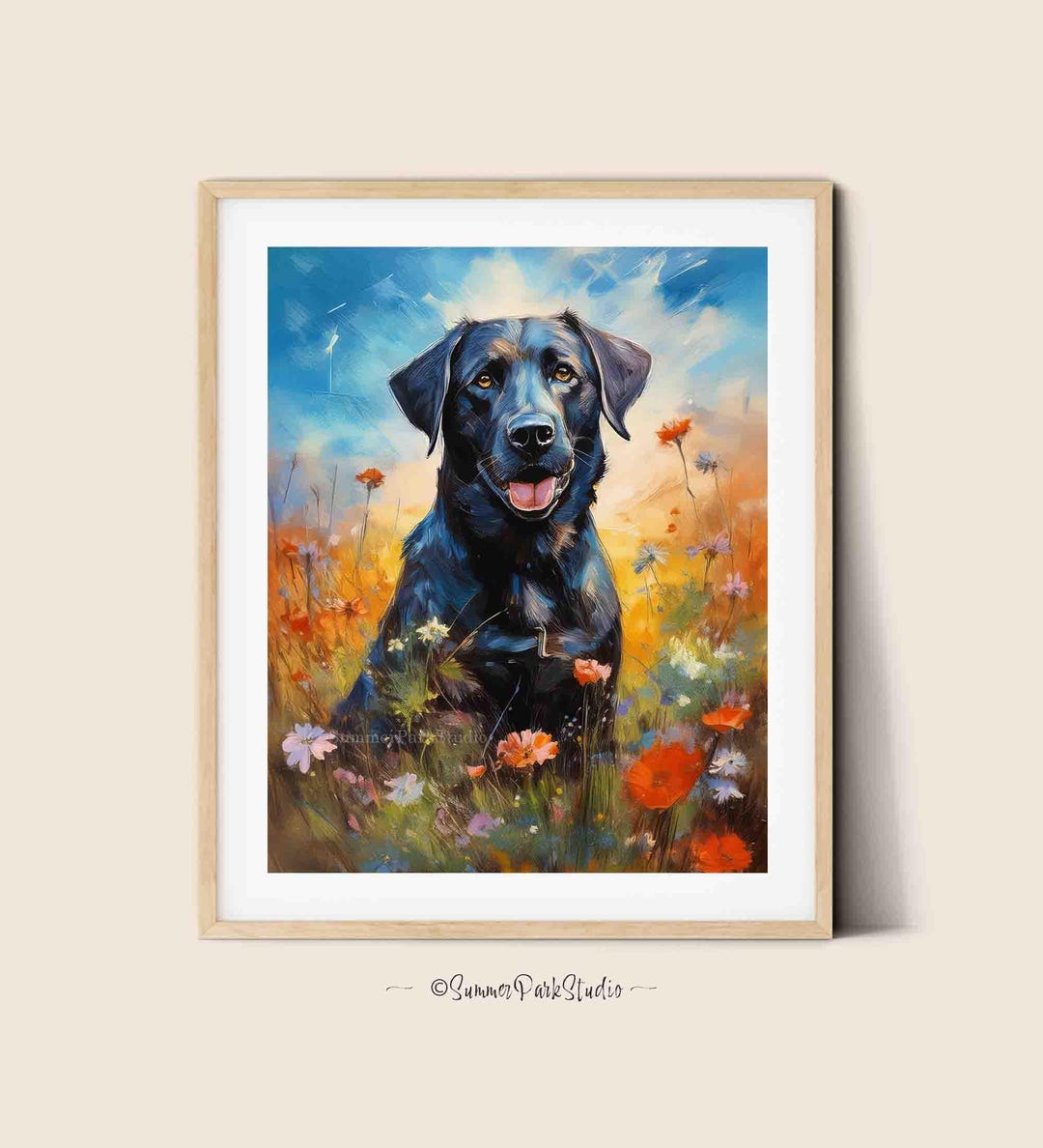 Black Lab in Flower Field Black Labrador Watercolor Print Wildflowers ...