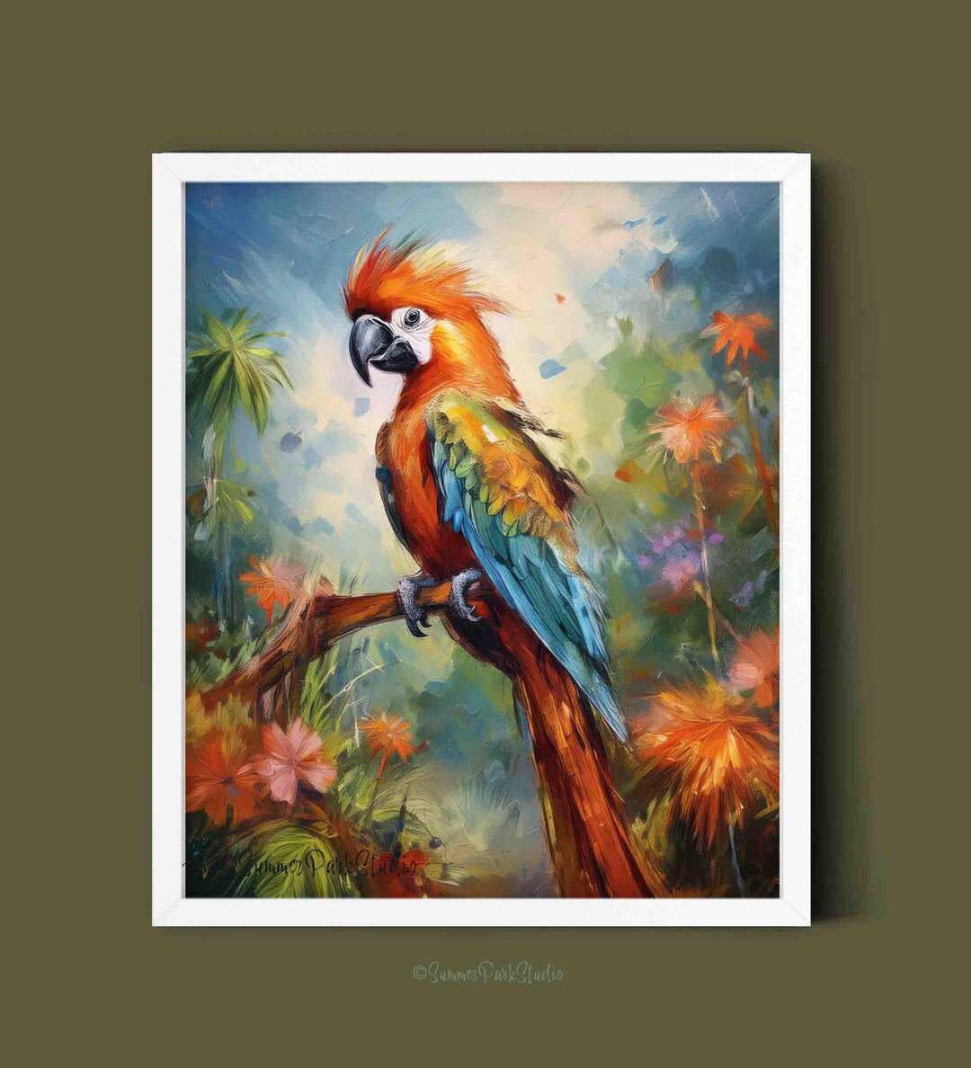 Parrot Art Print of Rainforest Parrot Floral Wall Art Colorful Parrot ...