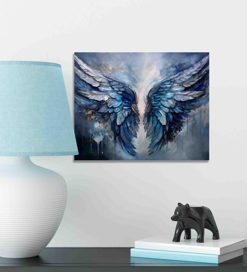 Abstract Angel Wings Art: Modern Blue Feathered Paper or Canvas Print ...