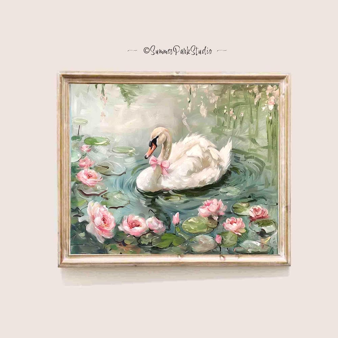 Vintage Swan With Pink Bow Print: Bow Coquette Balletcore Art - Etsy