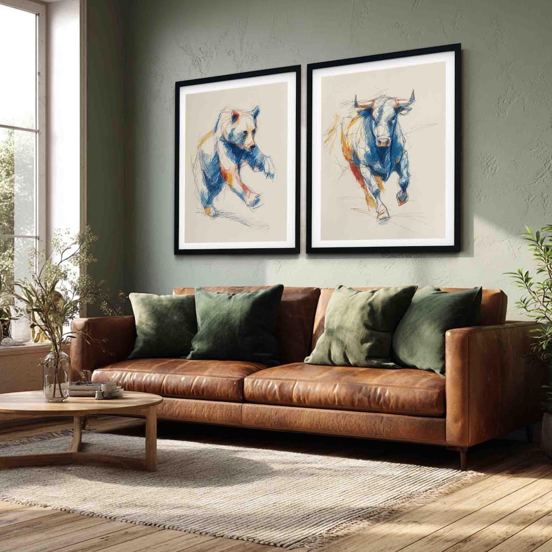 Bull and Bear Stock Market Art Print Set: Wall Street Decor - Etsy