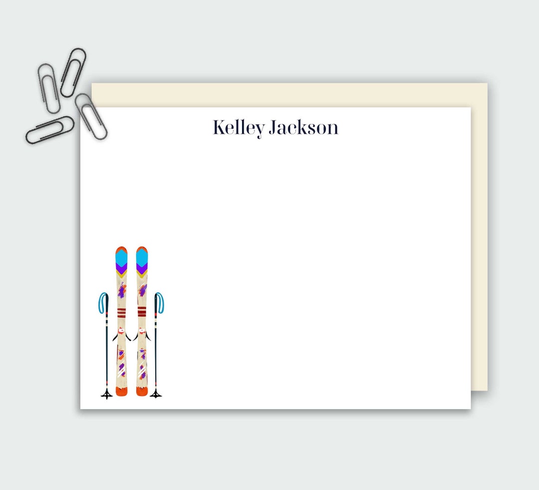 Skis Stationery Personalized Note Cards Snow Sports Illustration Set of ...